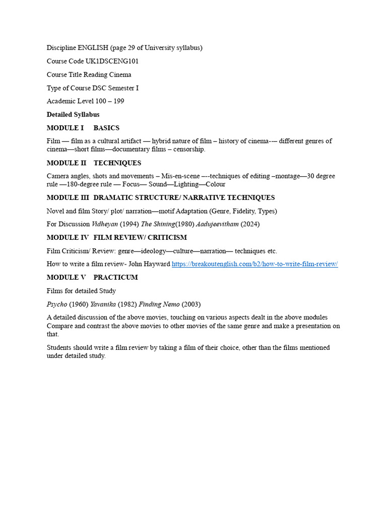 Class 12 Film and Drama Syllabus | PDF