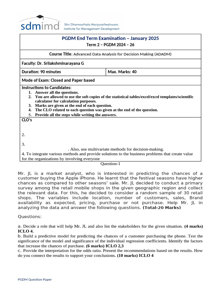 ADADM - Endterm Question Paper - Term 2 - PGDM 2024-26 | PDF | Statistics | Data Analysis