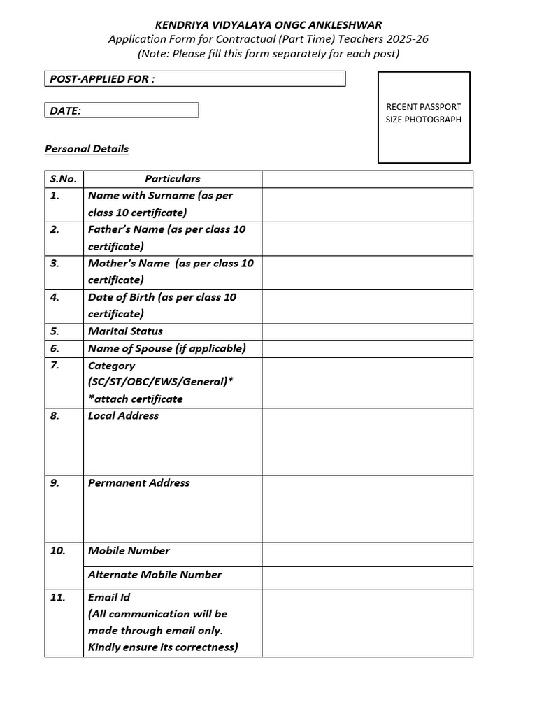 Application Form For Contractual (Part Time) Teachers 2025-26 (Note ...