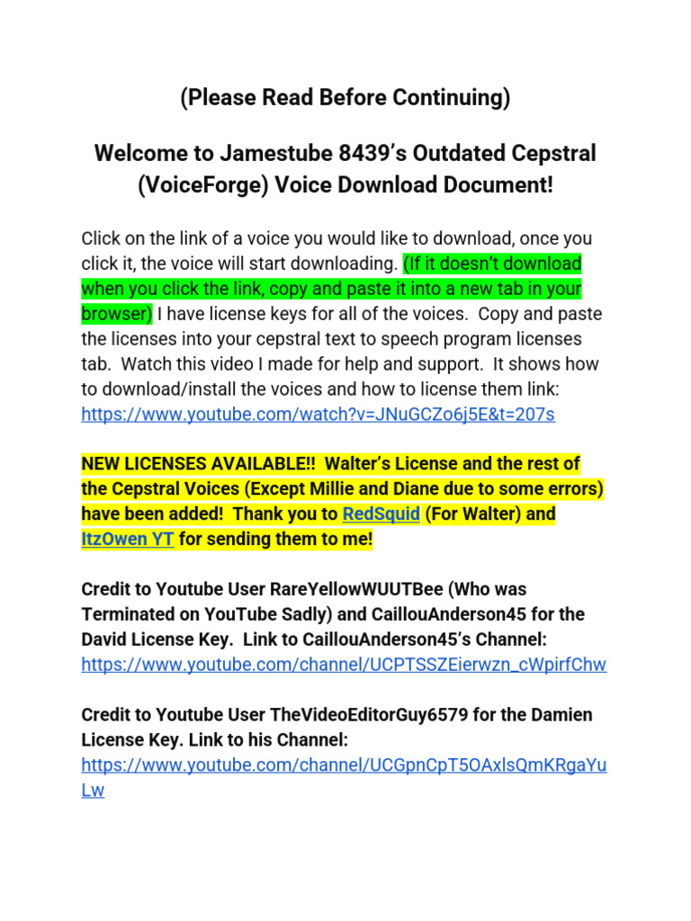 Outdated VoiceForge (Cepstral) Voice Links | PDF | Software | Computing