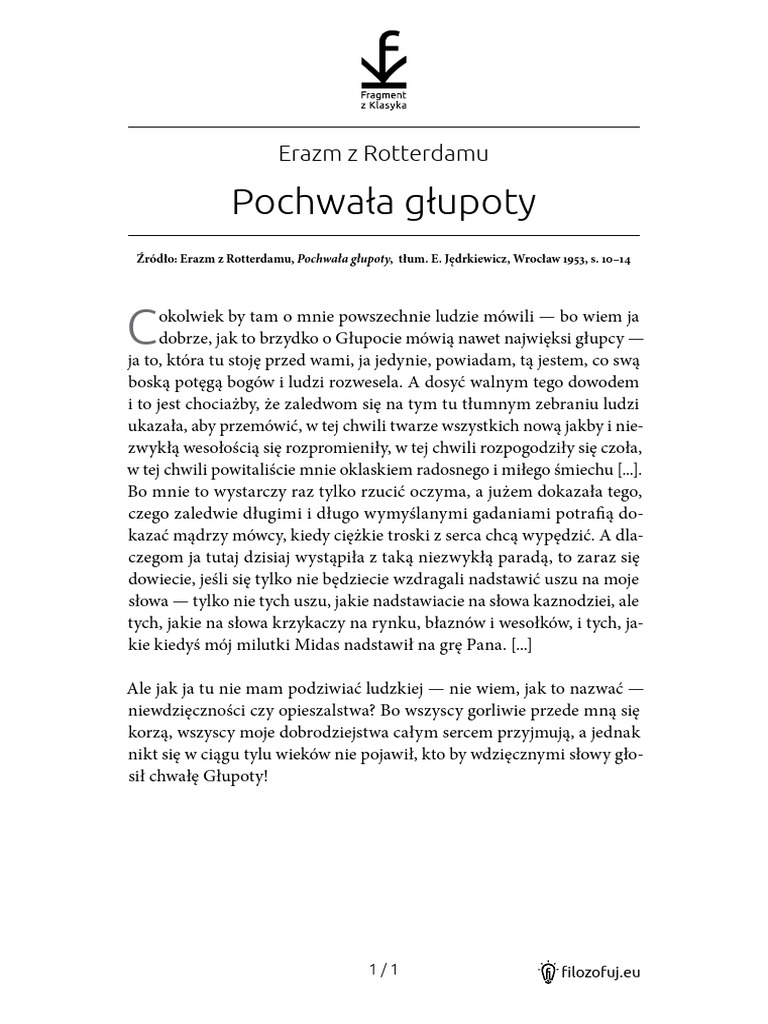 Erazm Z Rotterdamu Pochwala Glupoty | PDF