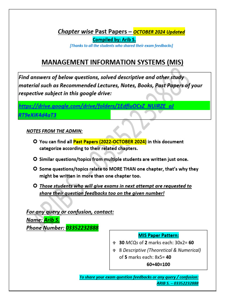 Chapterwise PP MIS - OCTOBER'24 Updated | PDF | Databases | Data Warehouse