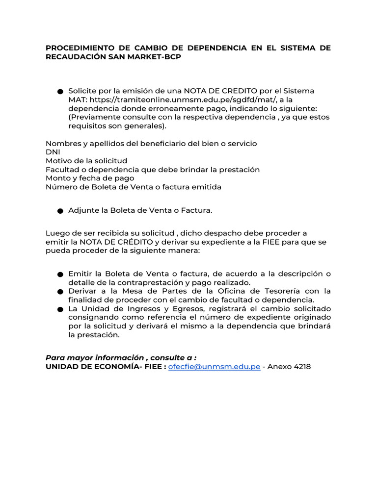 Procedimiento de Cambio de Dependencia en El Sistema de Recaudación San Market-Bcp | PDF
