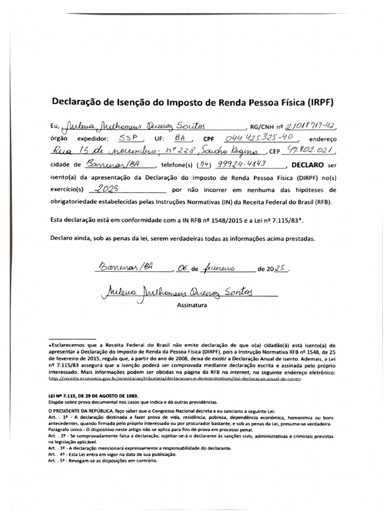 Declaração de Isenção Do Imposto de Renda Pessoa Física (IRPF) | PDF