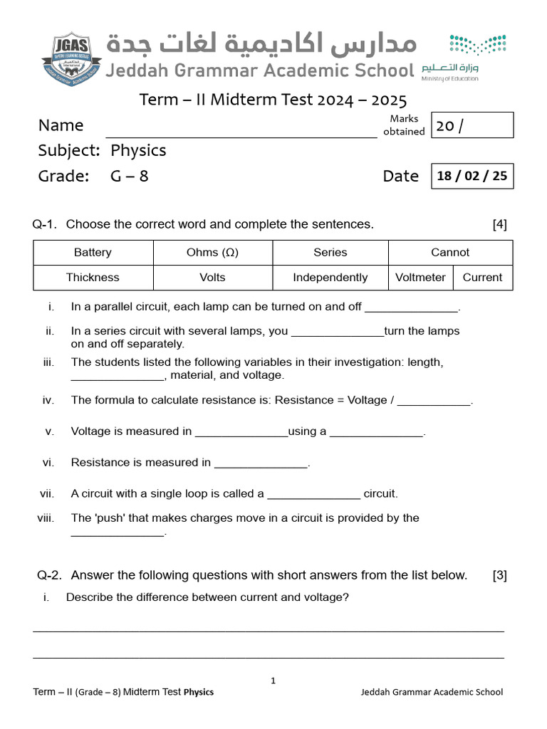 Grade 8 Physics Midterm Test | PDF | Voltage | Series And Parallel Circuits