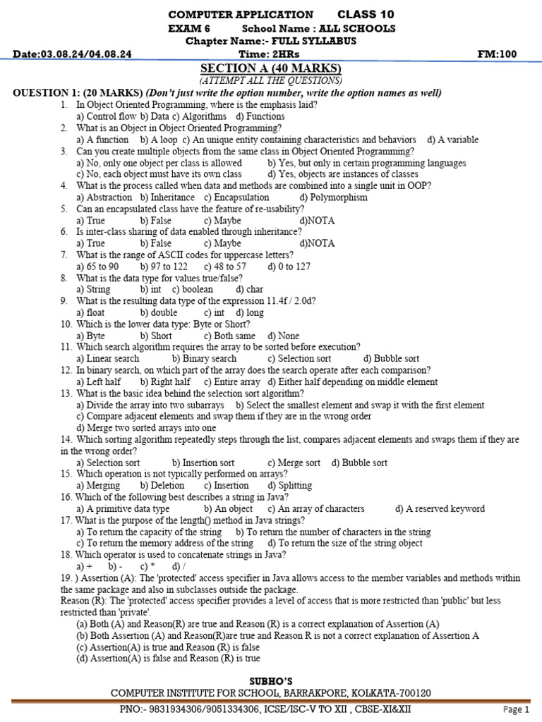 All Qps Exam 1 to Exam-28 Subho's 24-25 | PDF | Object Oriented Programming | Class (Computer ...