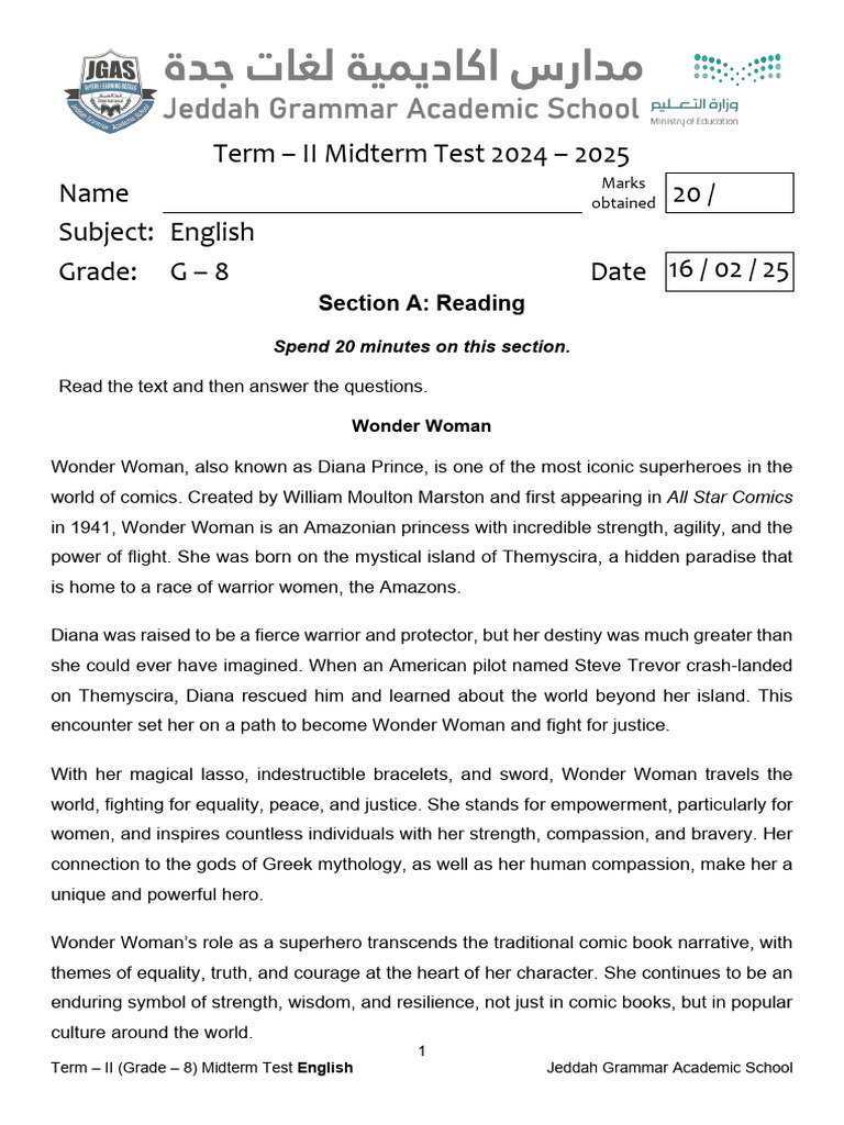 Grade 8 English Midterm Test - 250215 - 102849 | PDF | Wonder Woman