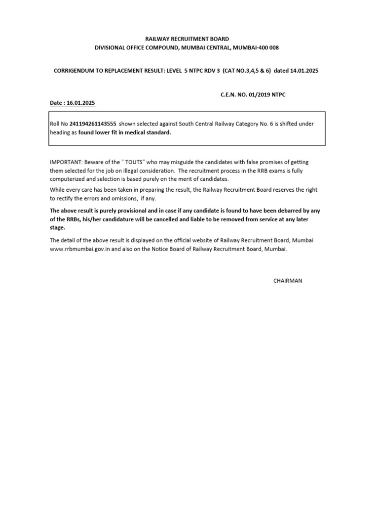 RRB Mumbai NTPC Result Update | PDF