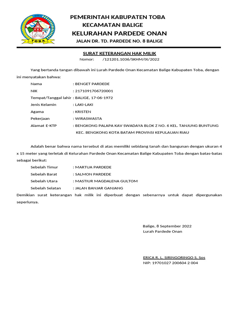 SURAT KET HAK MILIK | PDF