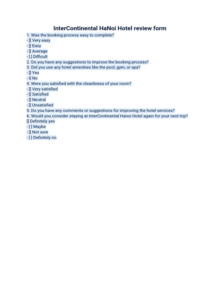 InterContinental Hanoi Hotel Review Form | PDF