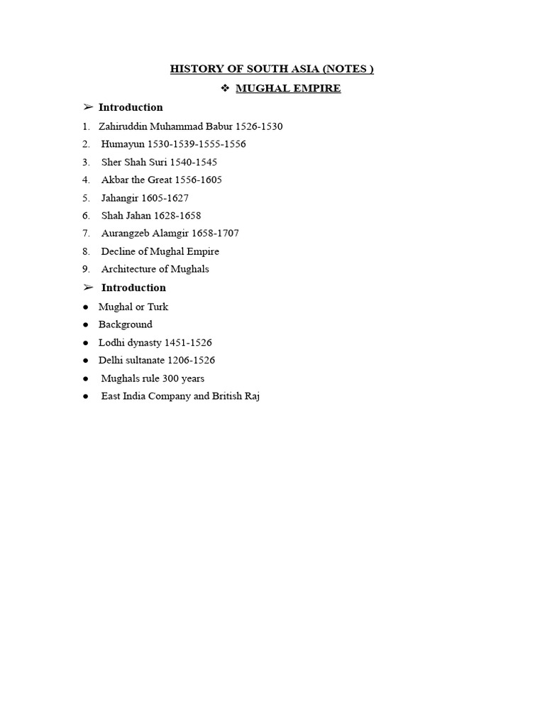 History of South Asia (Notes) | PDF | Mughal Empire