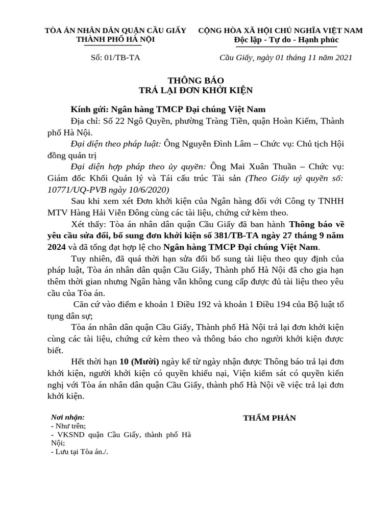 Thông Báo Trả Lại Đơn Ngân Hàng TMCP Đại Chúng Việt Nam | PDF