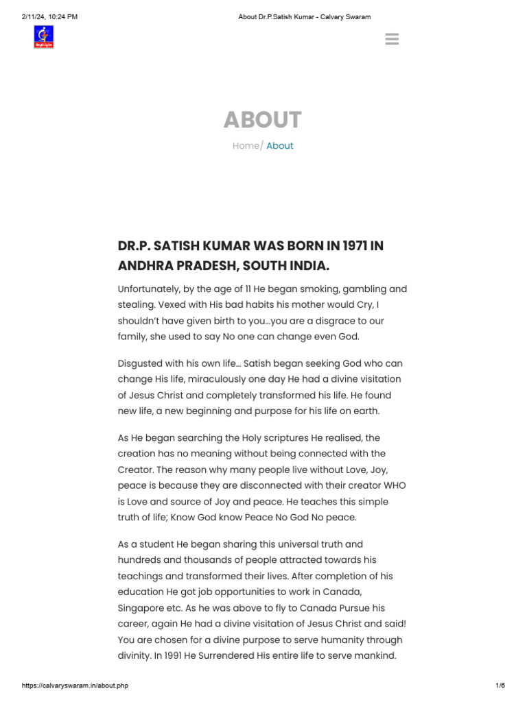 About Dr.P.satish Kumar - Calvary Swaram | PDF | Religious Belief And ...