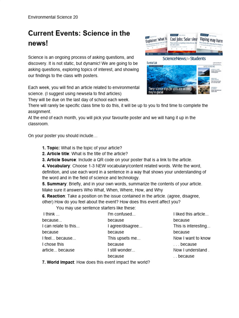 Current Events - Science in The News Instructions | PDF