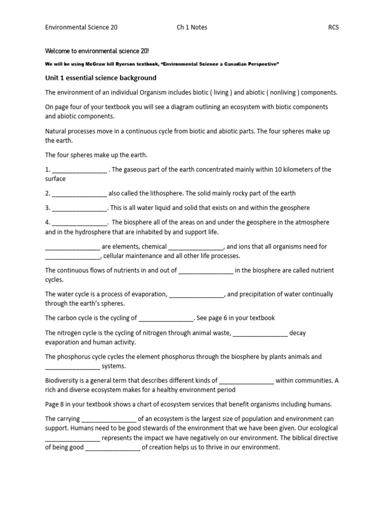 Env Sci CH 1 STUDENT Blank Notes | PDF | Ecosystem | Soil