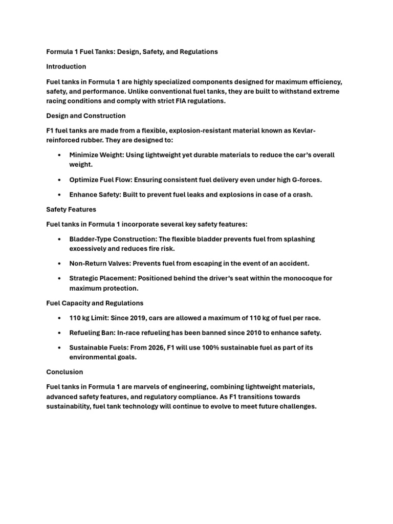 F1 Fuel Tank Design and Regulations | PDF