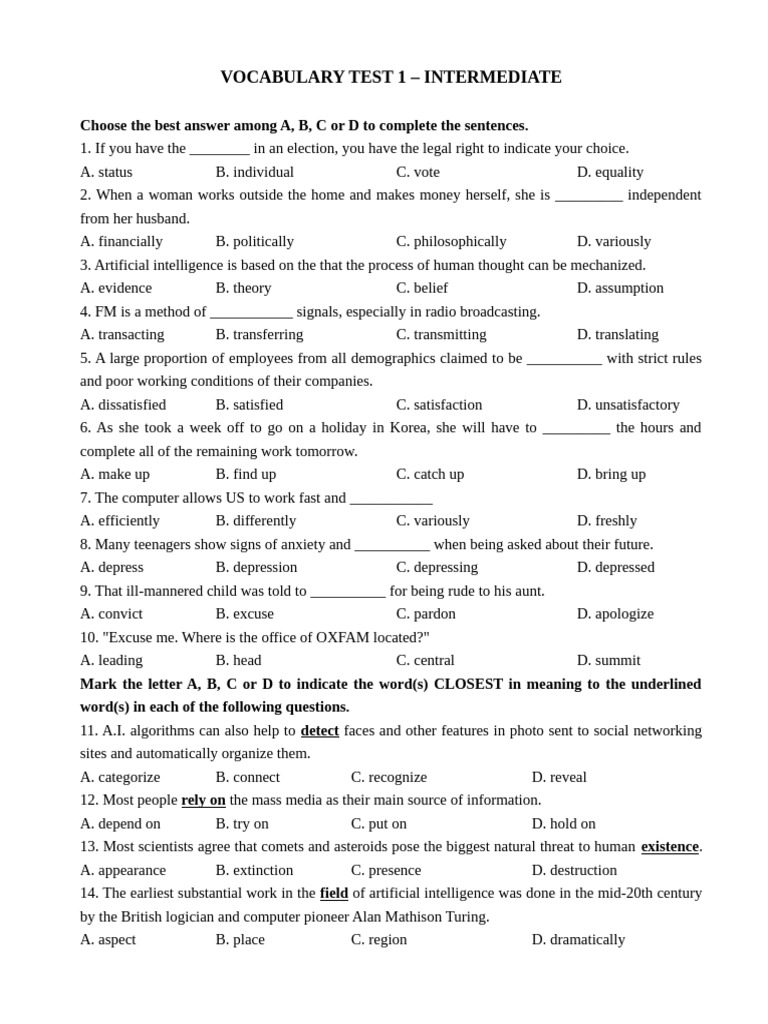 Intermediate Vocabulary Test 1 | PDF | Facebook | Artificial Intelligence