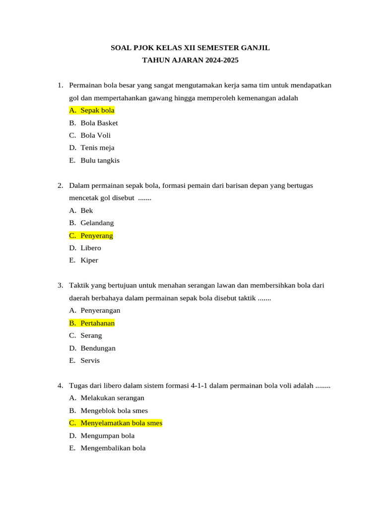 Soal Pjok Kelas Xii Semester Ganjil 24-25 | PDF