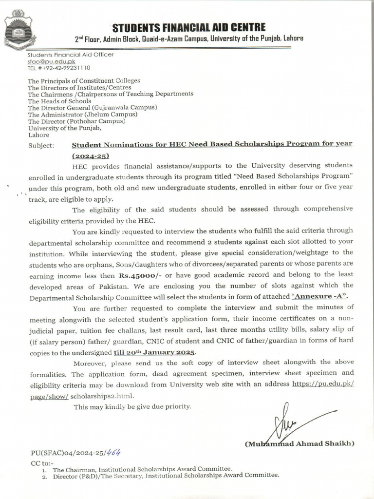 Draft Letter of HEC Need Based Scholarship | PDF