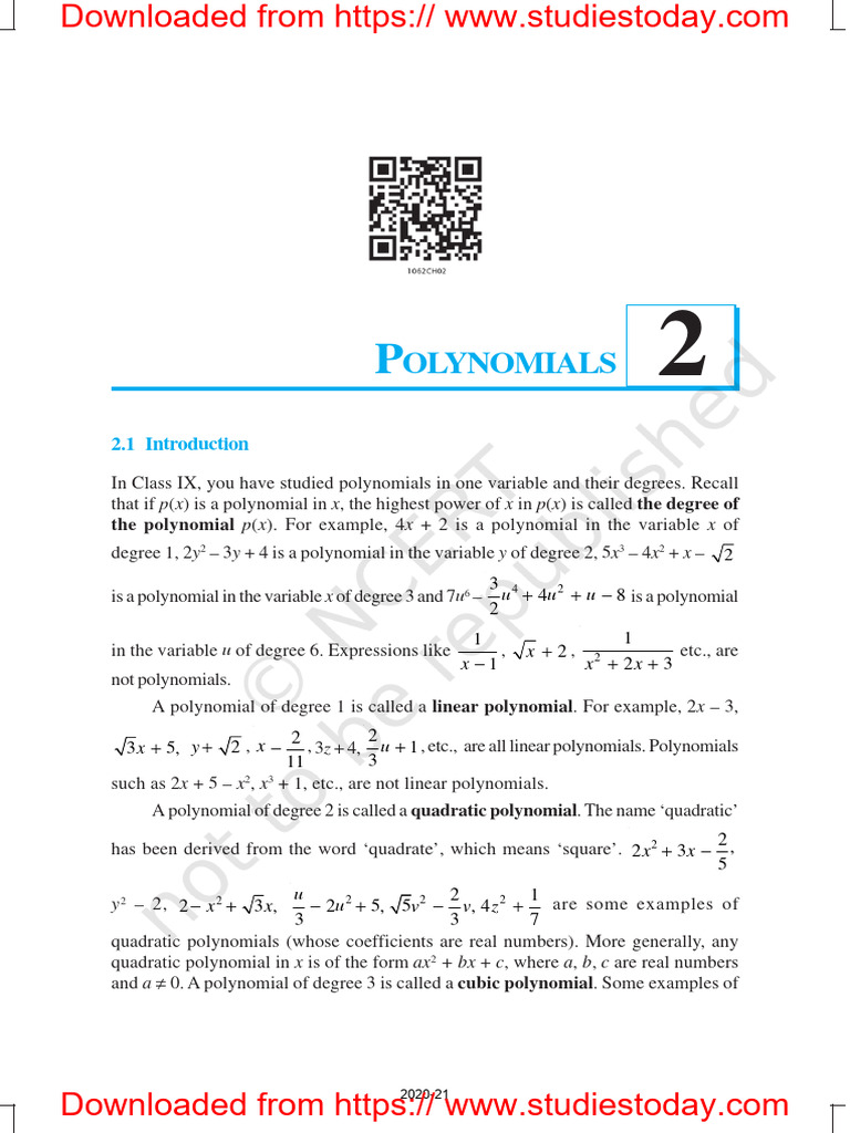 NCERT Class 10 Maths Polynomials | PDF | Quadratic Equation | Polynomial