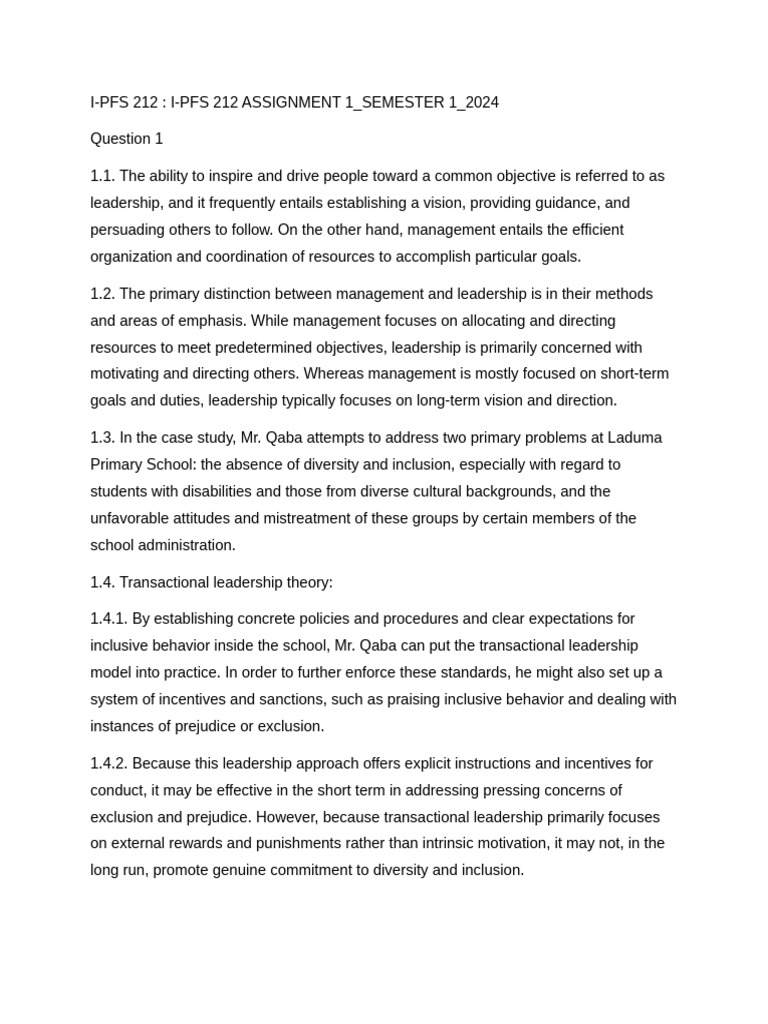 I-pfs 212 Assignment 1_semester 1_2024 | PDF | Leadership | Transformational Leadership