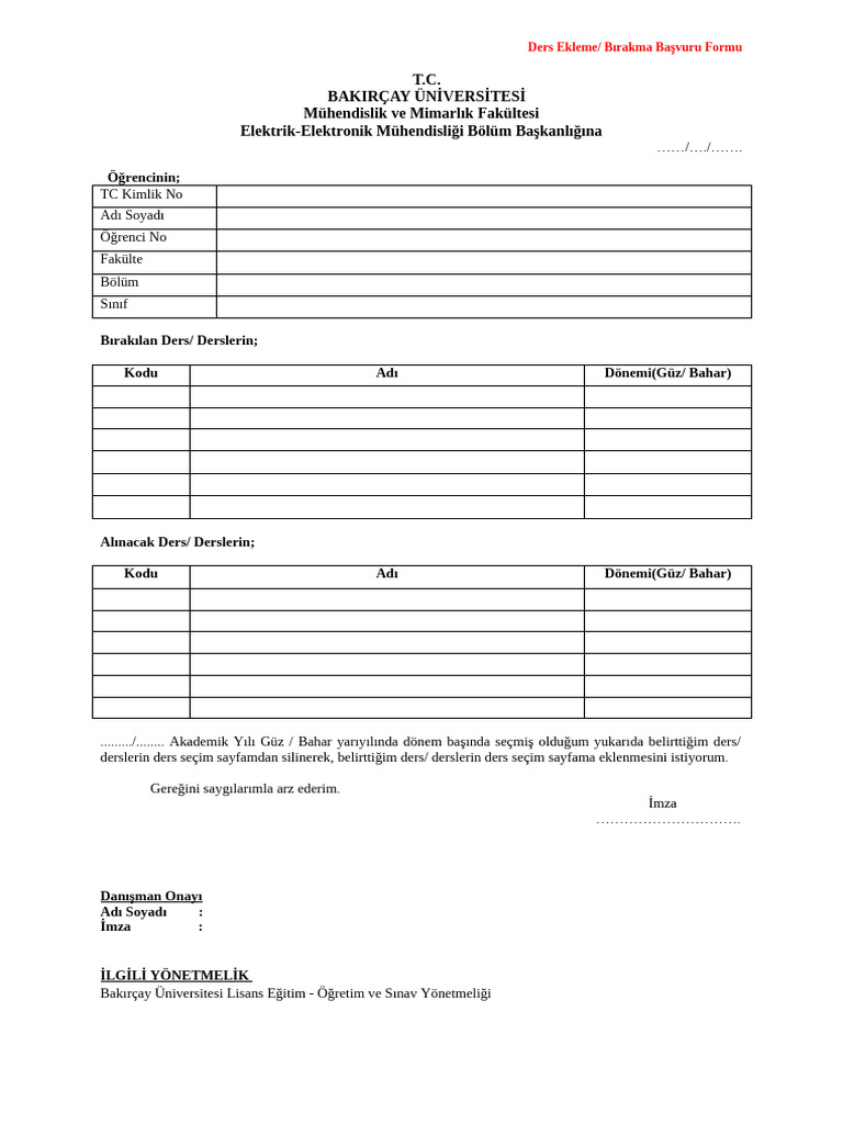 Ders_Ekleme_Bırakma_Başvuru_Formu 1 | PDF
