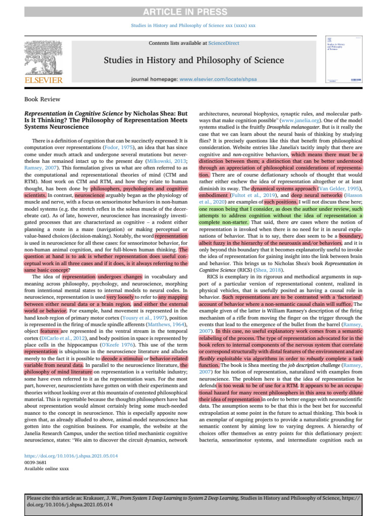 Representation in Cognitive Science Review | PDF | Thought | Neuroscience