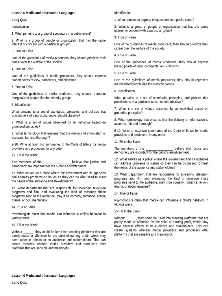 LESSON 6 Long Quiz Media and Information Languages | PDF