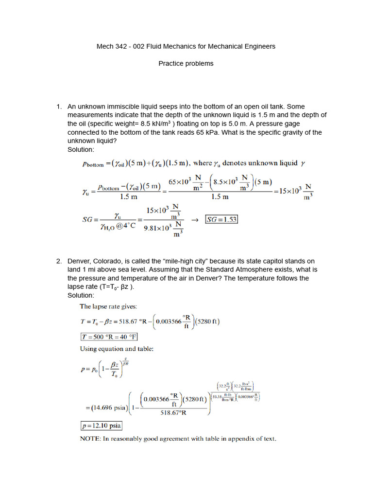 Mech 342 002 Practice Problems | PDF | Pressure | Pressure Measurement