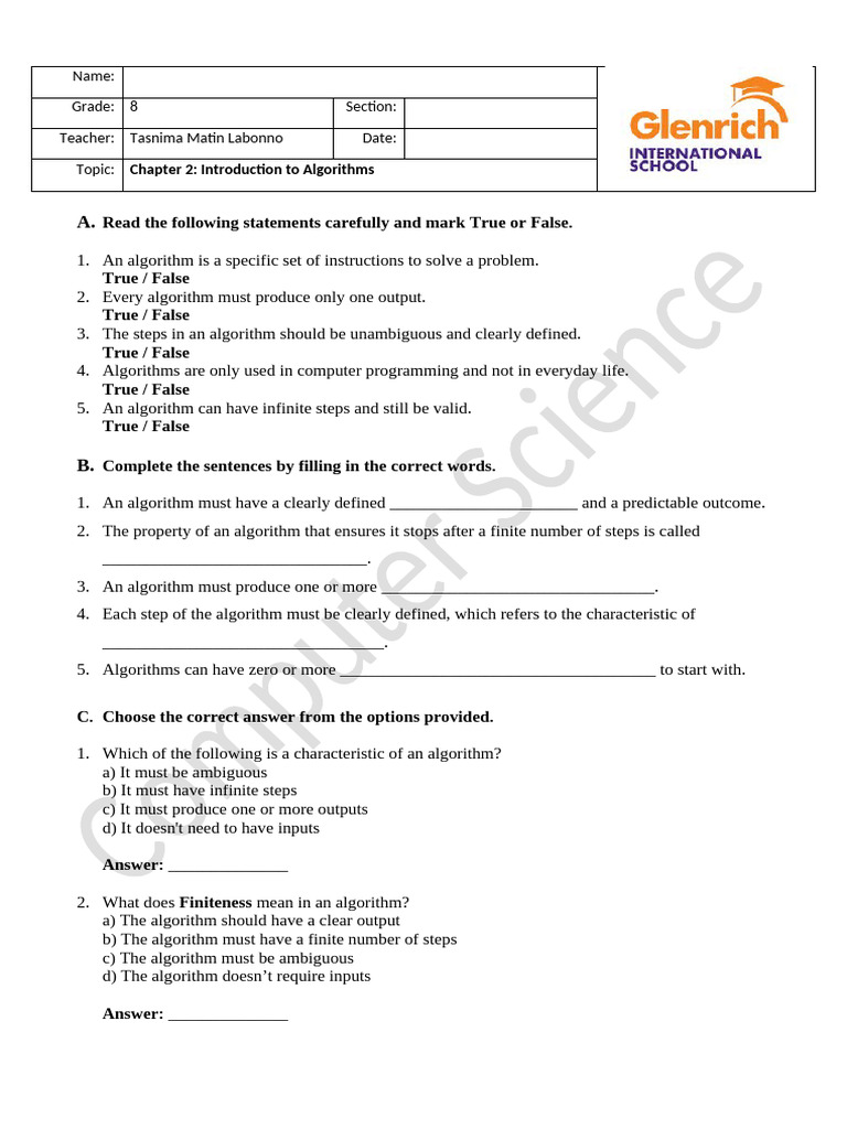 Chapter 2: Introduction To Algorithms: Name: Grade: 8 Section: Teacher ...