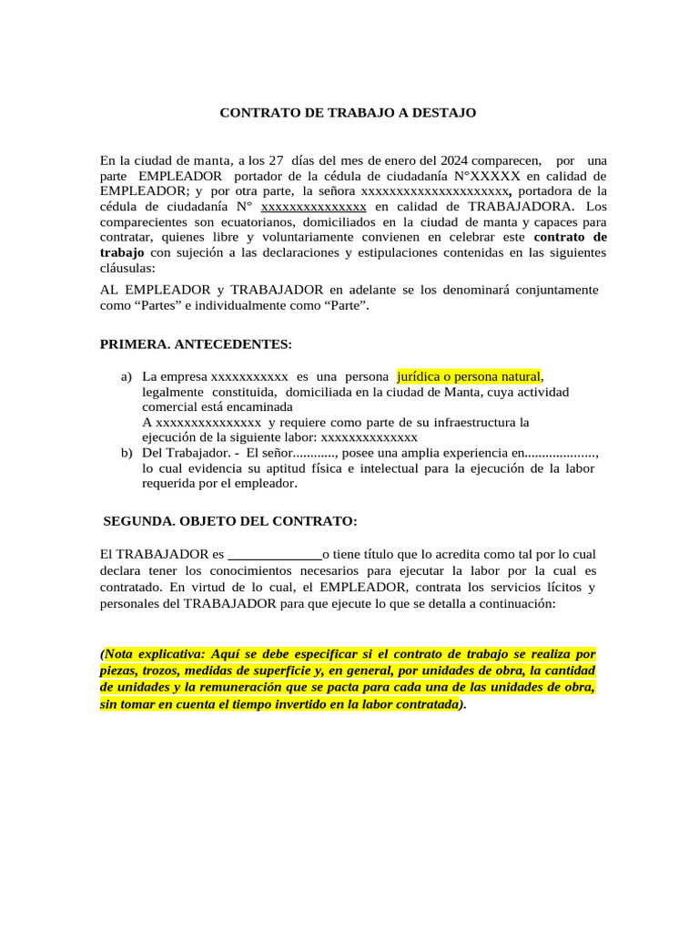 Contrato de Trabajo a Destajo en Manta | PDF | Salario | Justicia