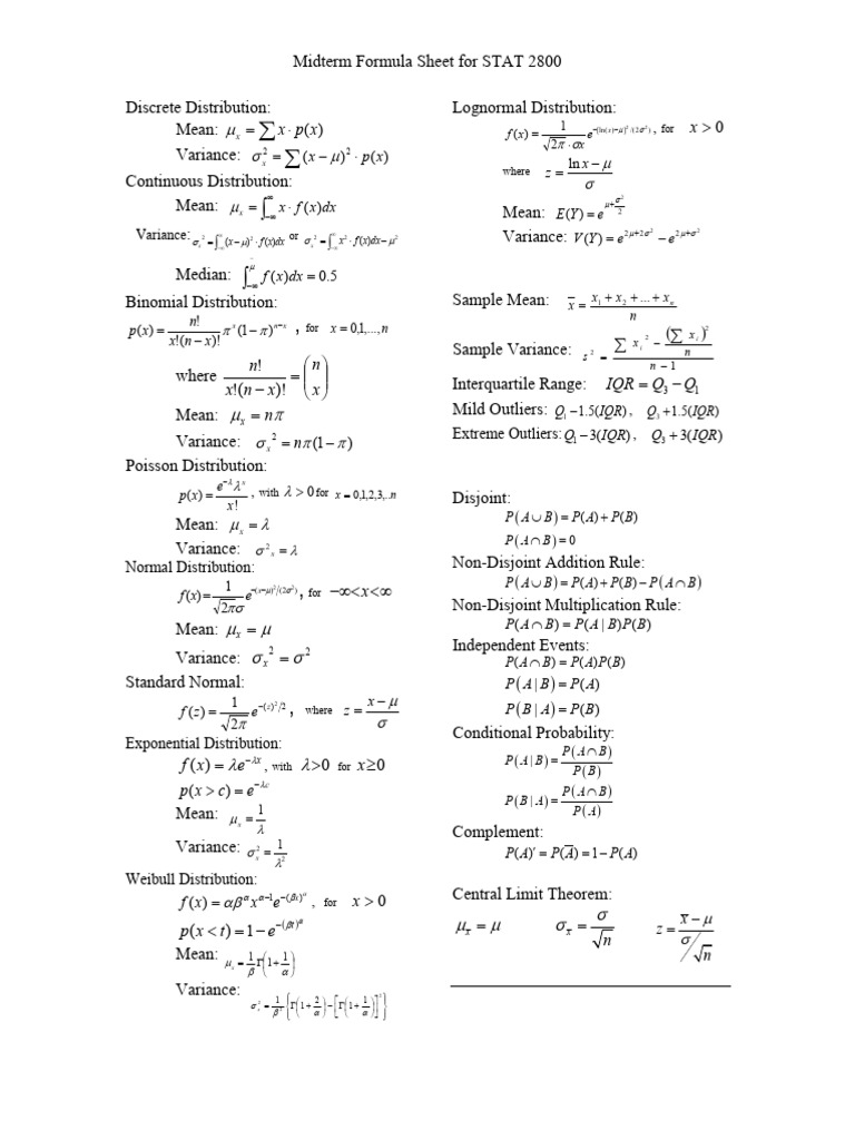 Midterm Formula Sheet | PDF | Mathematics | Statistical Models