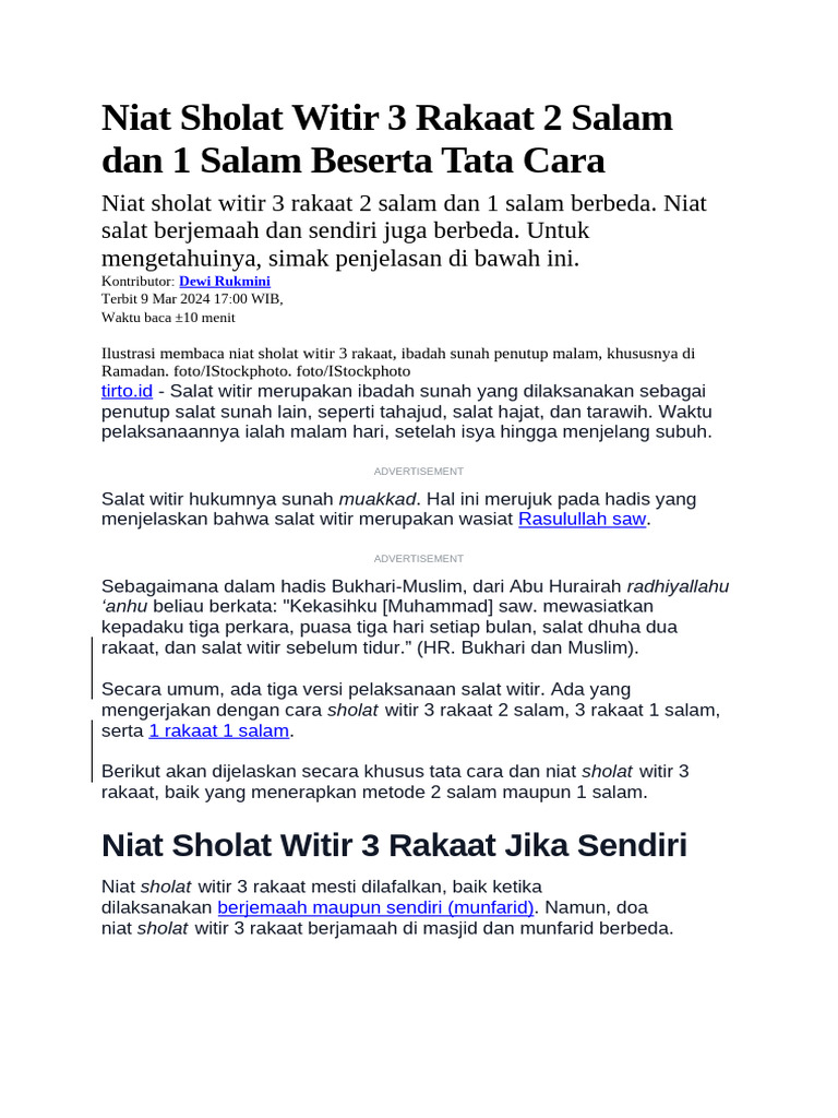 Niat Sholat Witir 3 Rakaat 2 Salam dan 1 Salam Beserta Tata Cara | PDF