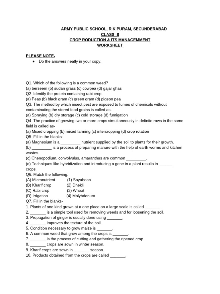 Class 8 Crop Production Worksheet | PDF | Agriculture | Fertilizer