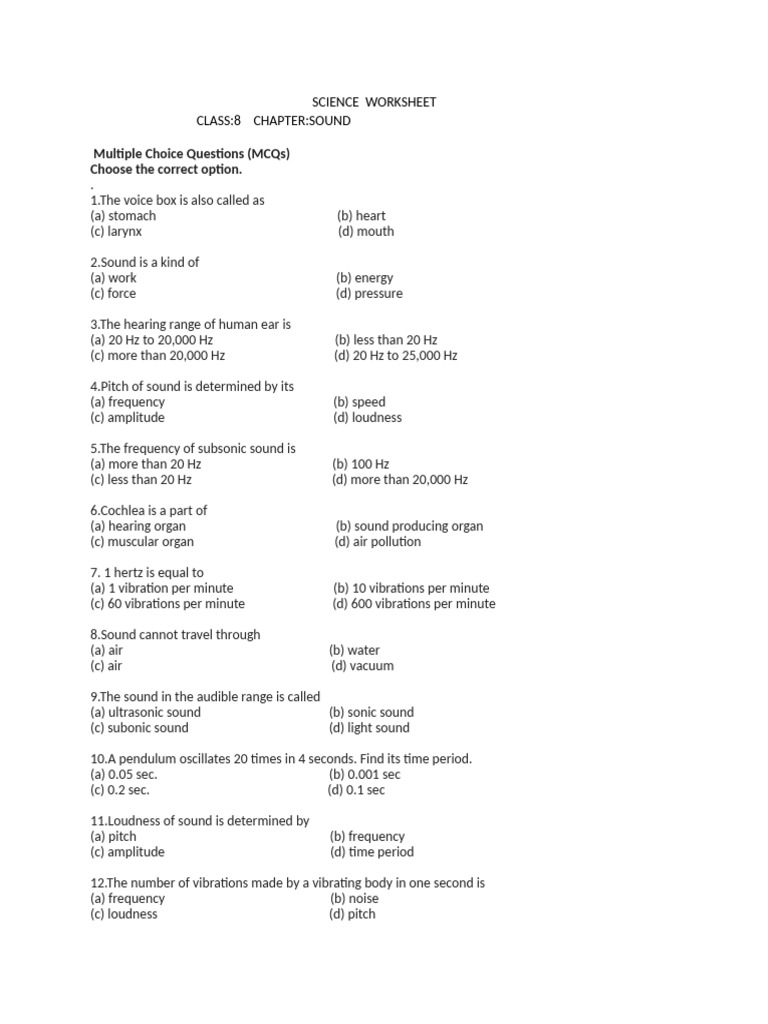 Class 8 Sound Worksheet with Answers | PDF | Sound | Frequency