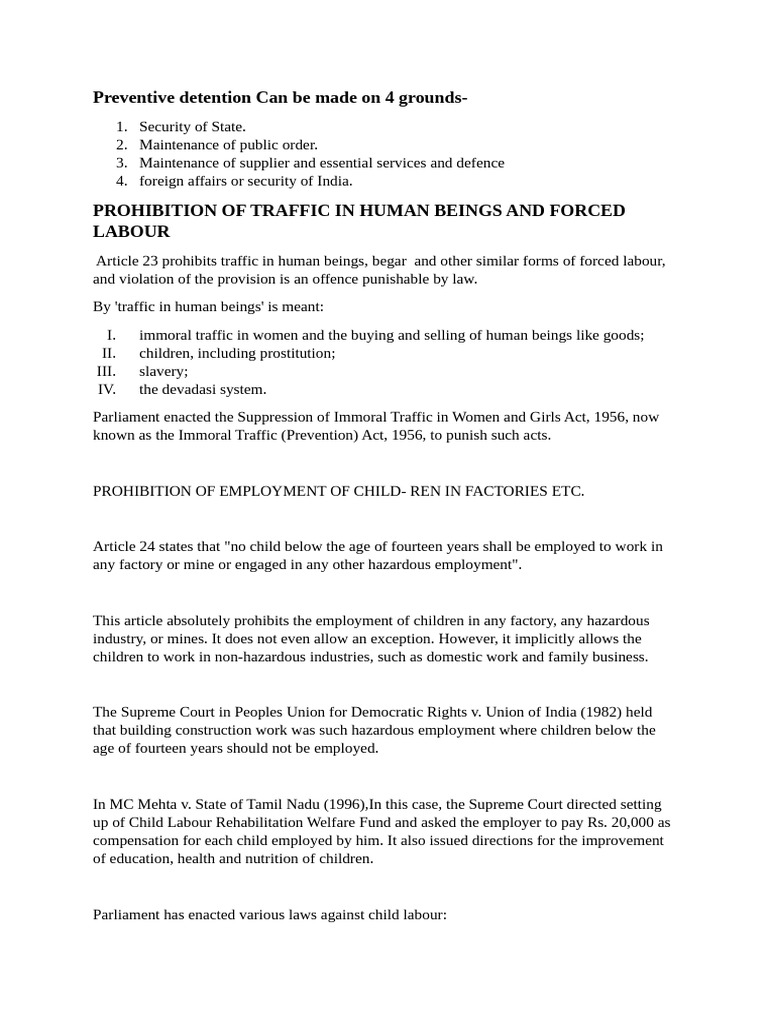 Preventive Detention and Child Labour Laws | PDF