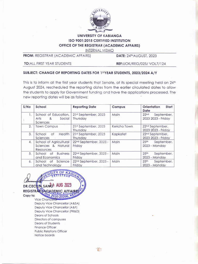 Kabianga University 2023 First Year Dates | PDF
