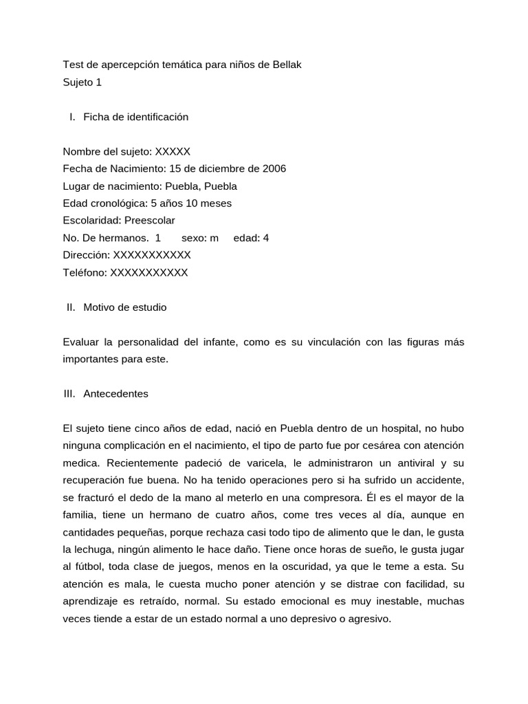 Evaluación de Personalidad Infantil Bellak | PDF | Sicología | Ciencias ...