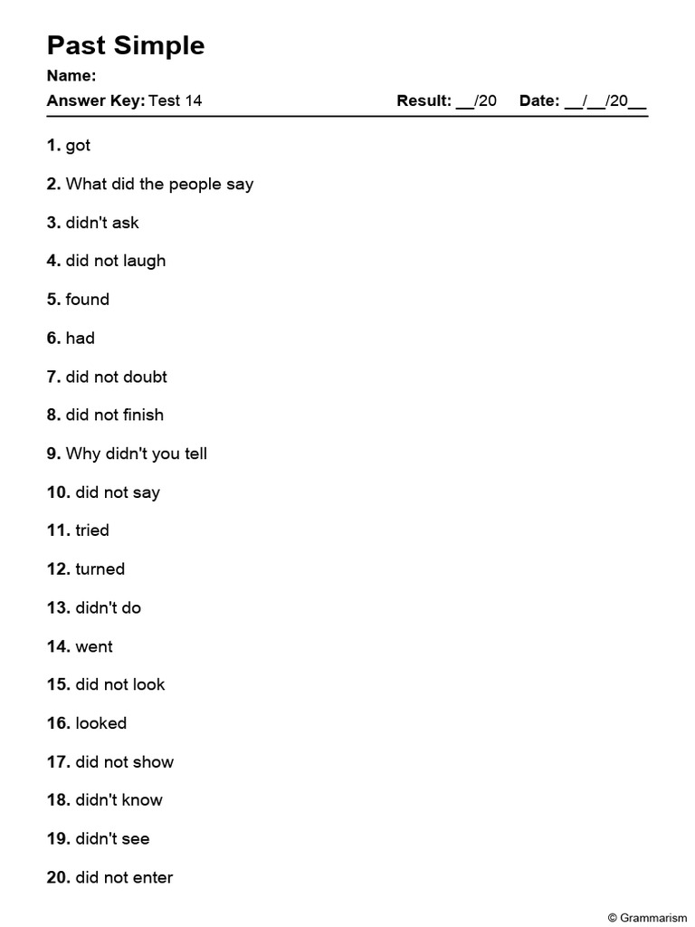Past Simple Test Answer Key | PDF
