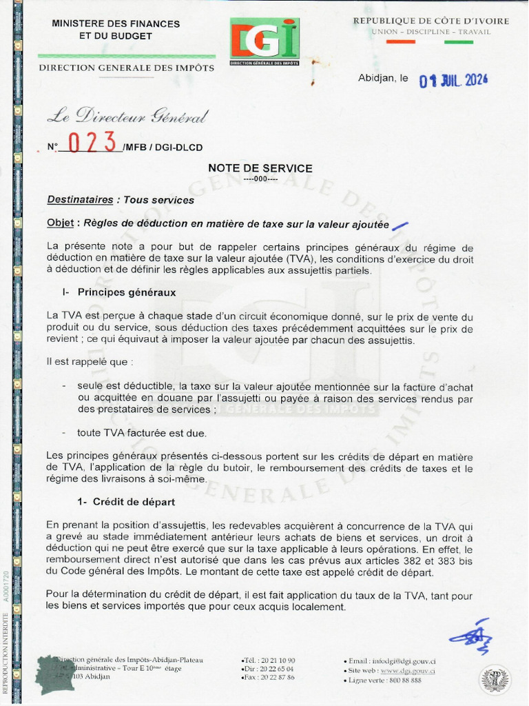 N° 023 MFB DGI DLCD DU 01 JUIL 2024 Règles de Déduction en Matière de TVA | PDF