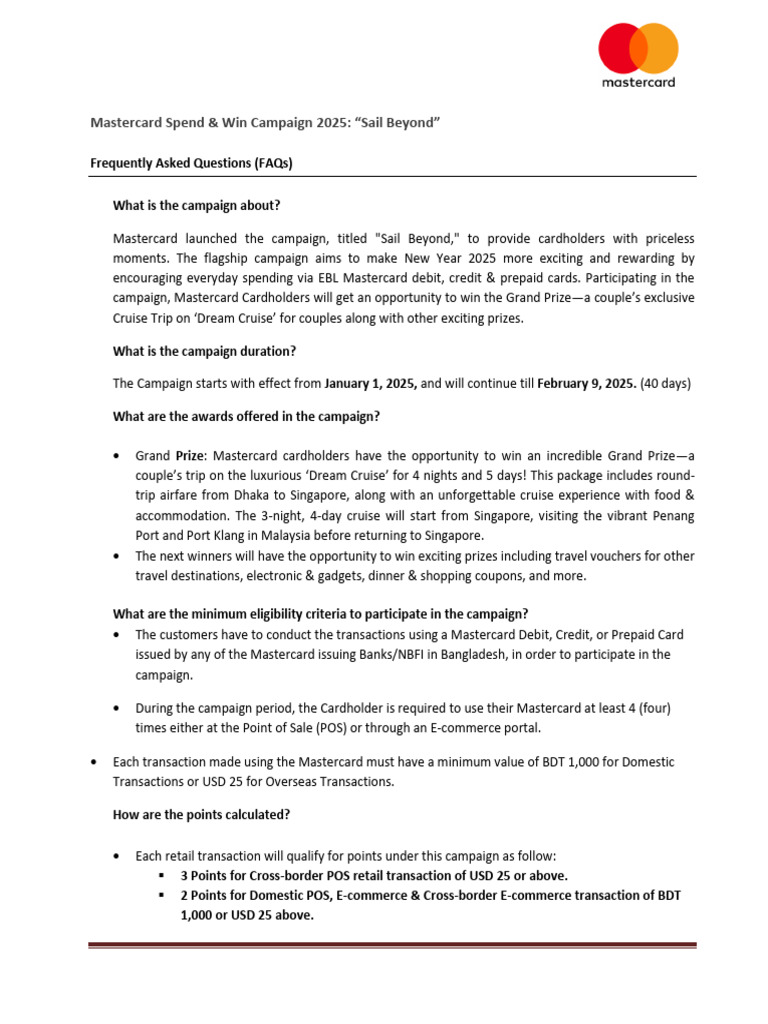 FAQ Mastercard Spend Win Campaign 2025 Sail Beyond | PDF | Debit Card | Master Card