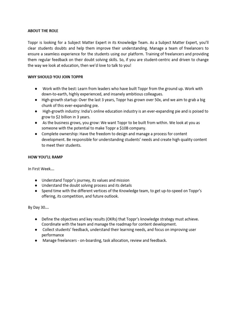 (Ask) Job Description For SME (New) | PDF | Learning | Cognitive Science