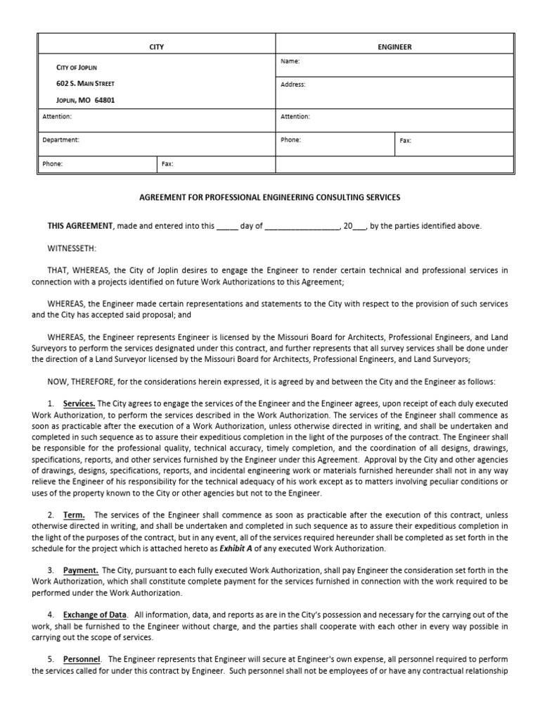 Agreement For Professional Engineering Consulting Services | PDF | Indemnity | Insurance