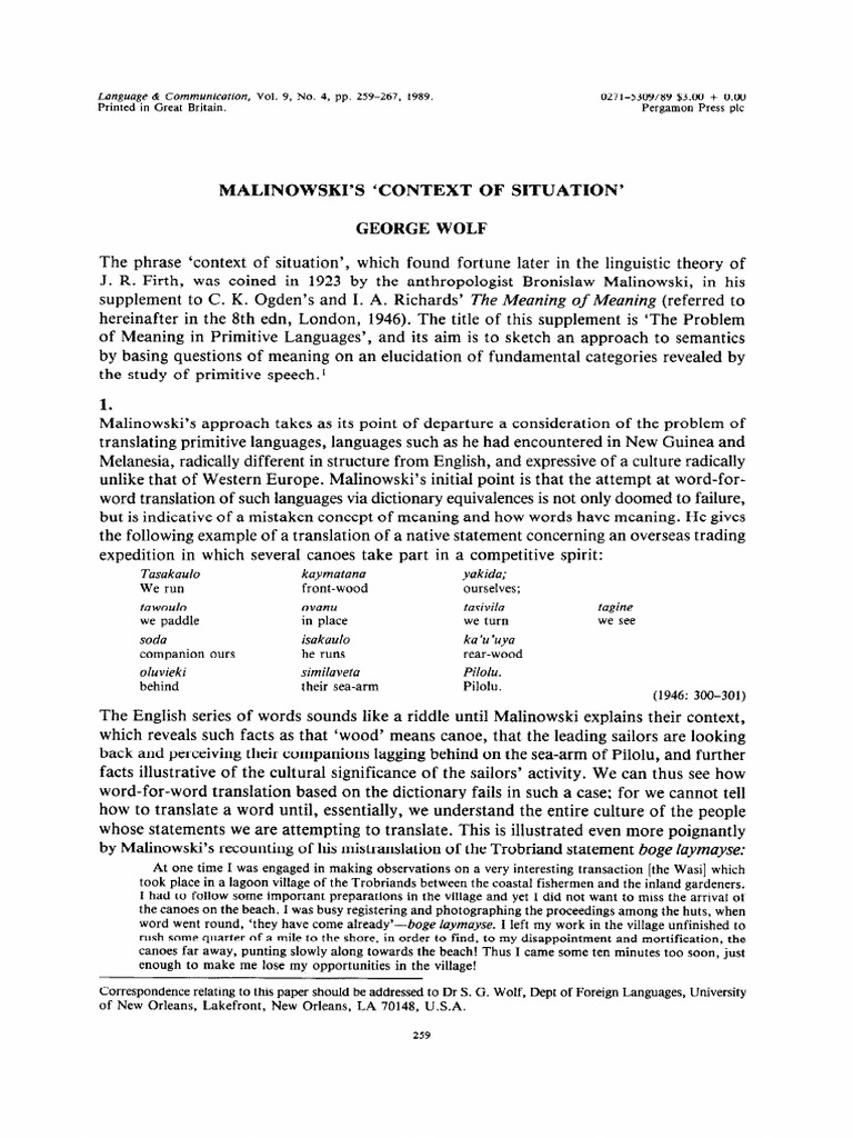 Wolf - 1989 - Malinowski's 'Context of Situation' | PDF | Semantics | Word
