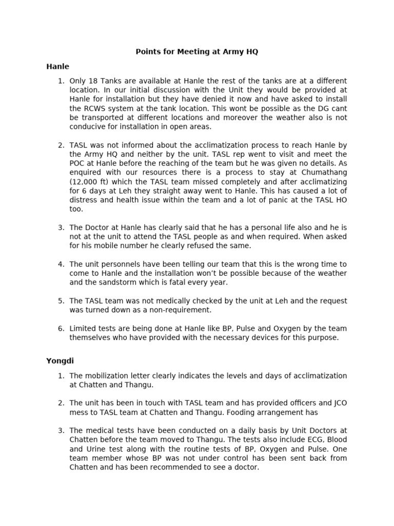 Army HQ Meeting Agenda Points | PDF