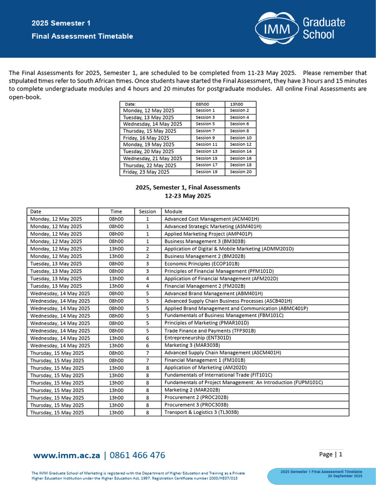 2025 Final Assessment Timetable - Semester 1 | PDF | Academic Term | Supply Chain Management