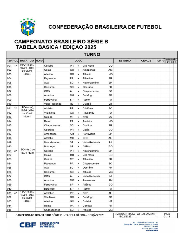 Tabela Básica - Brasileiro Série B 2025 | PDF | Clubes de Futebol ...