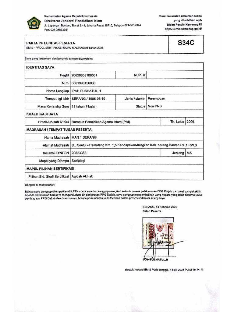 Pakta Integritas Bu Ipah | PDF