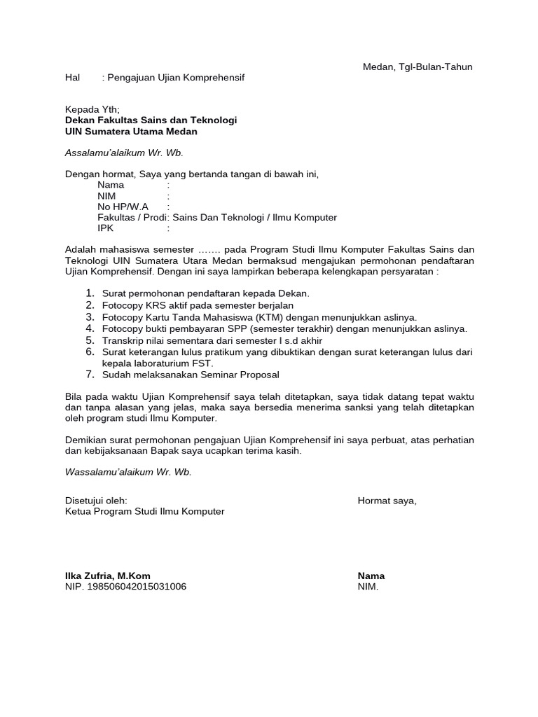 Format Surat Pengajuan Ujian Komprehensif Mahasiswa | PDF