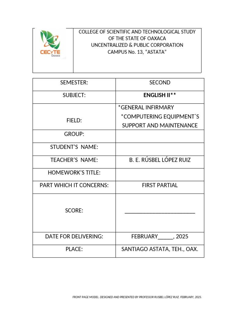Front Page Model For English Subject | PDF